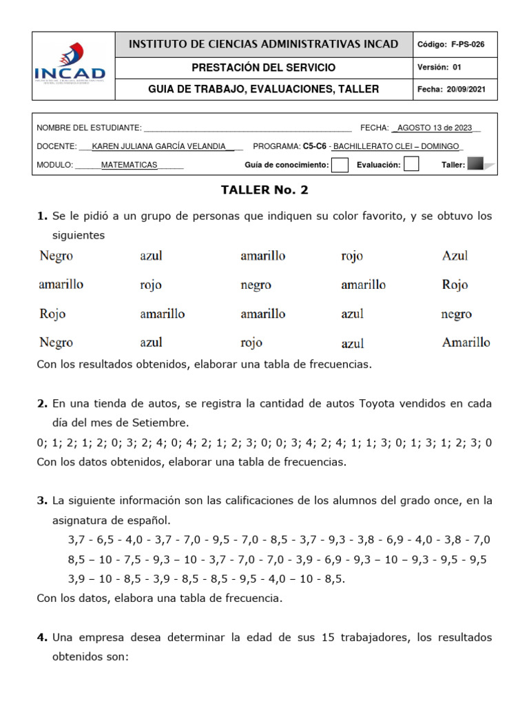 C5-C6 Taller No. 2 - Estadistica | PDF | Probabilidad