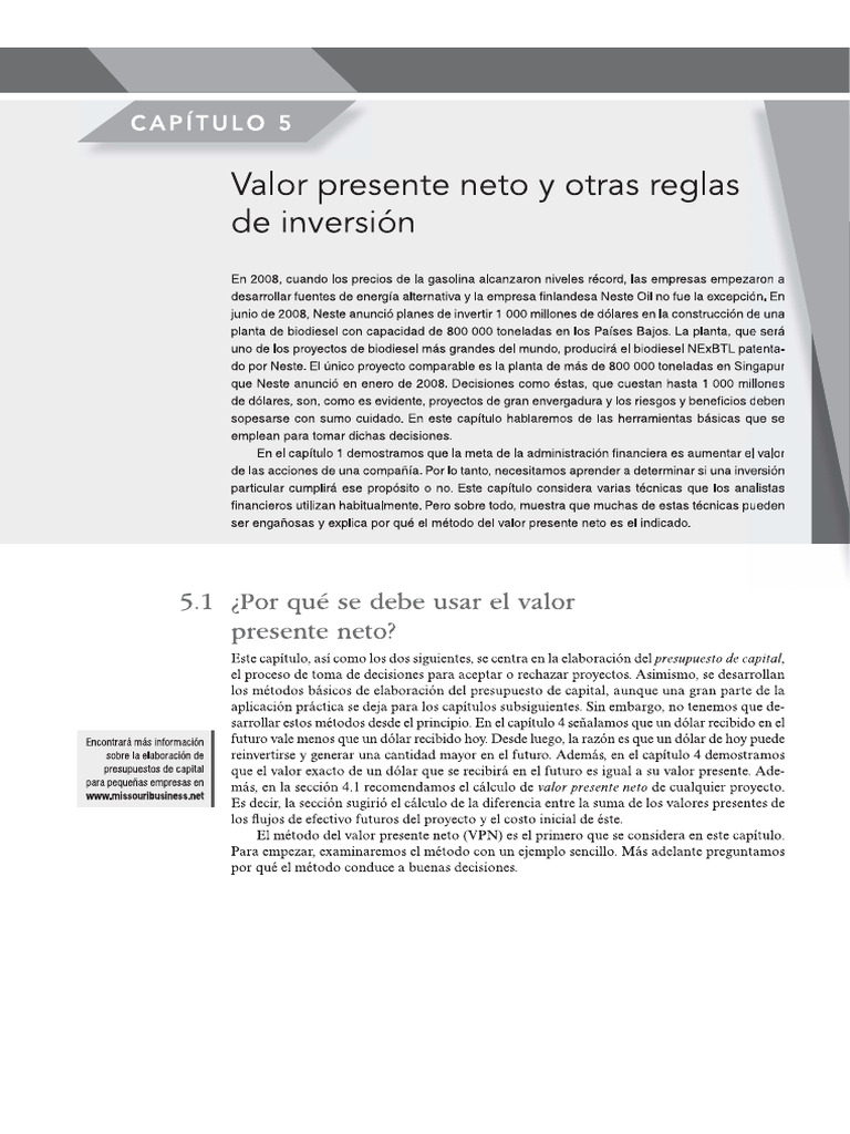 CAPITULO 5. Valor Presente Neto y Otras Reglas de Inversión. Ross-1 | PDF