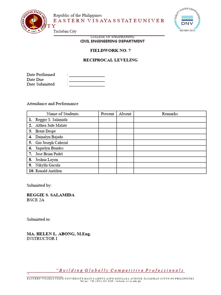 Reciprocal Leveling Fieldwork Guide | PDF | Teaching Methods & Materials | Science & Mathematics