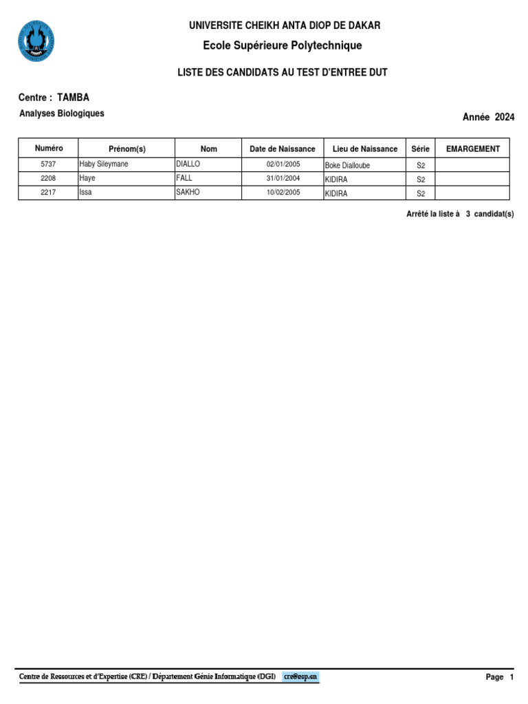 Candidats DUT 2024 UCAD Tamba | PDF