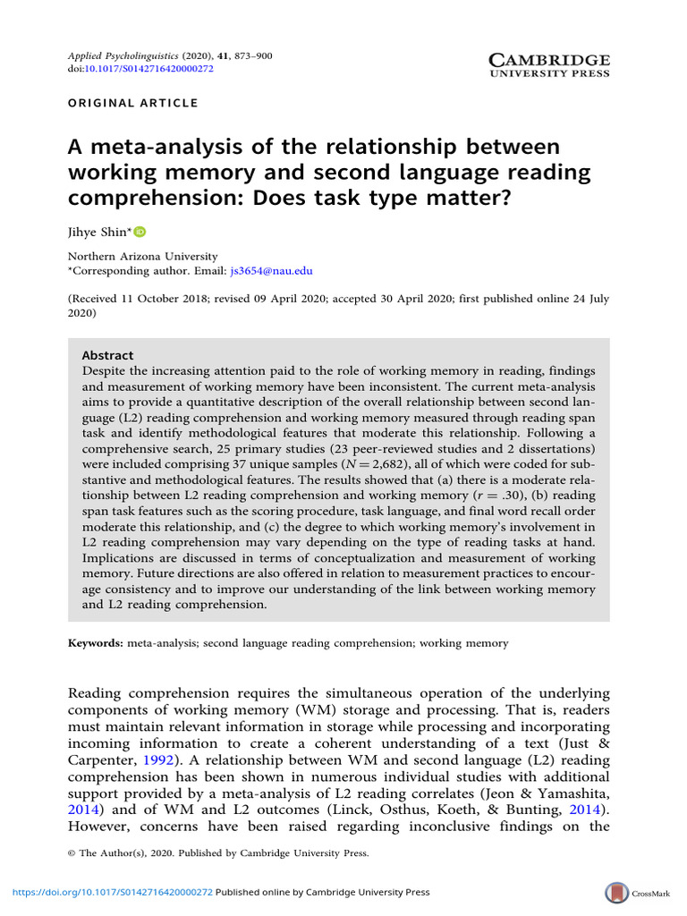 A Meta Analysis of The Relationship Between Working Memory and Second Language Reading ...