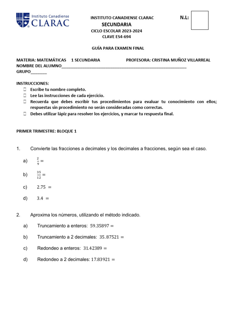 Gui769a Examen Final Mate 1sec CMV 2023 24 | PDF | Entero | Geometría euclidiana
