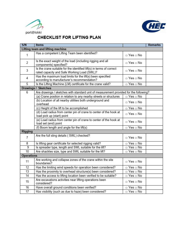 LIFTING PLAN CHECKLIST | PDF | Crane (Machine)