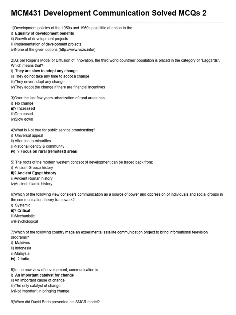 MCM431 Development Communication Solved MCQs 2 | PDF | Communication ...