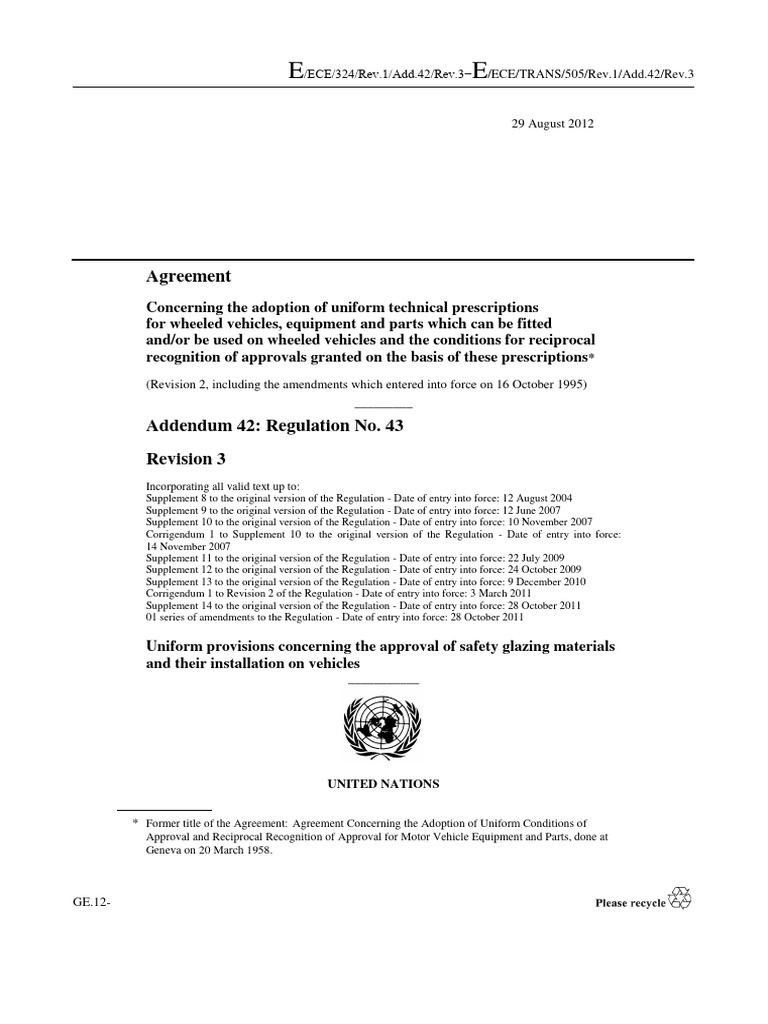 UNECE - Regulation 43 - Rev03 - VIDRIOS | PDF