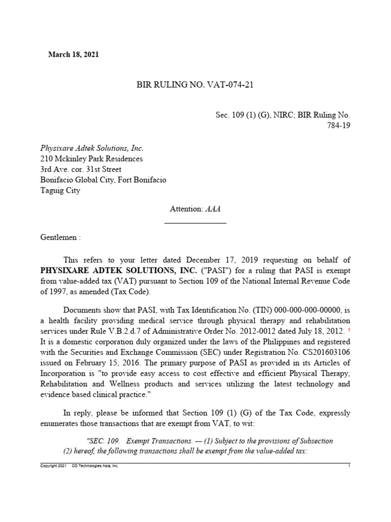BIR Ruling No. VAT-074-21 | PDF | Value Added Tax | Taxes