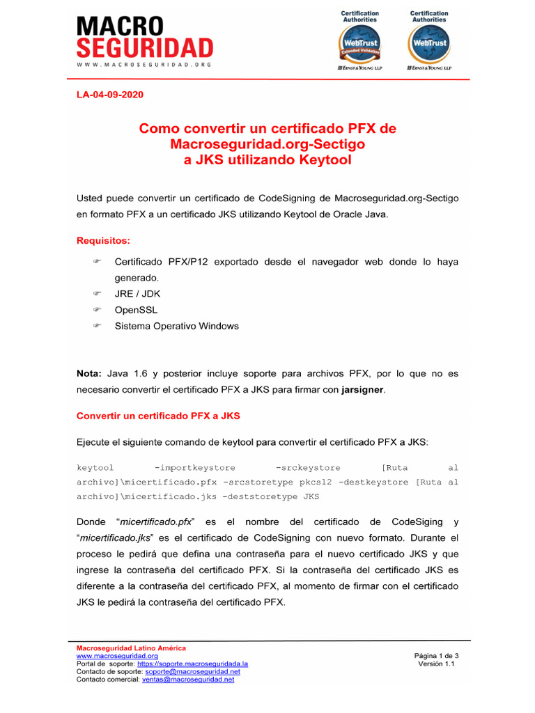 LA 04-09-2020 Boletin CodeSigning Convertir PFX A JKS Windows Macroseguridad | PDF
