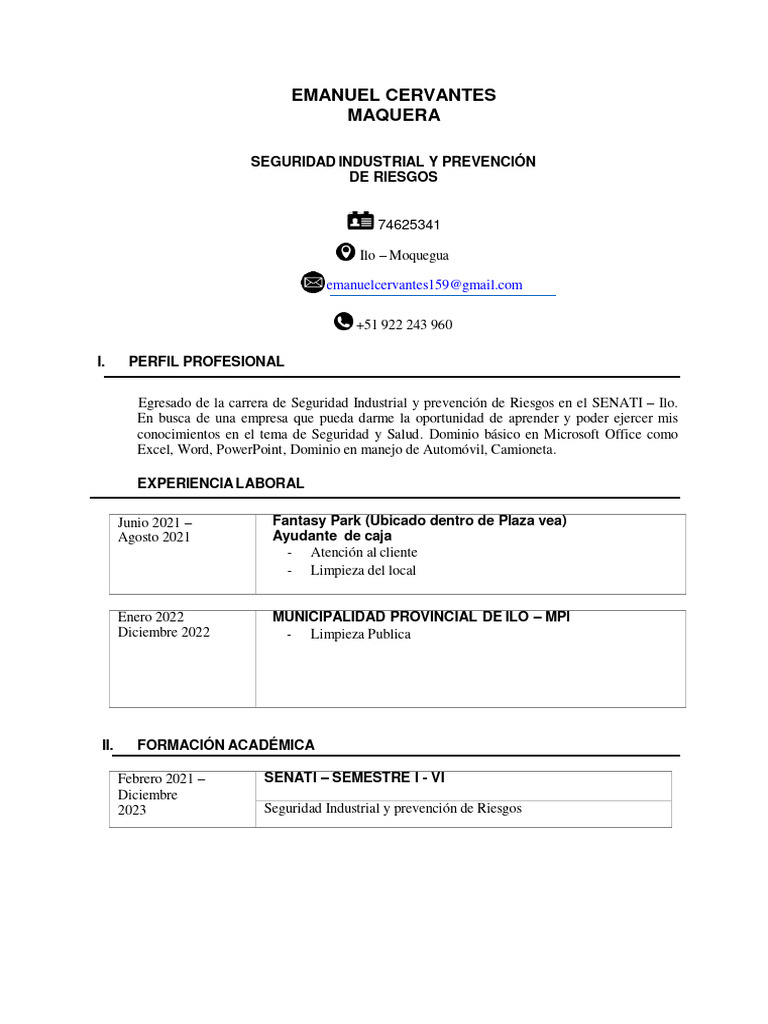 CV - Emanuel Cervantes Maquera | PDF | Suites de oficina | Microsoft