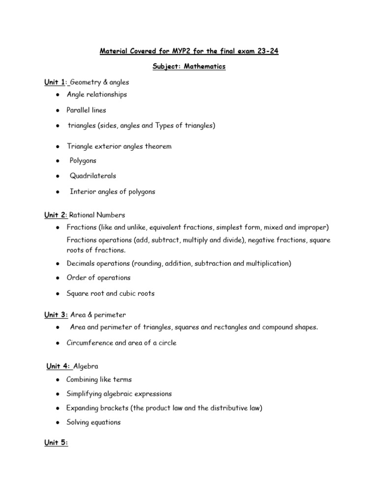 MYP2 Math Exam Topics | PDF