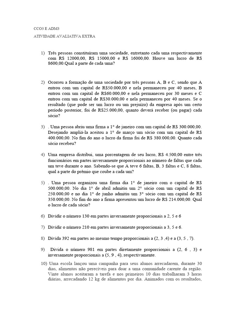Atividade Extra Cco3 e Adm3 - 2024 | PDF | Finanças e Administração de ...
