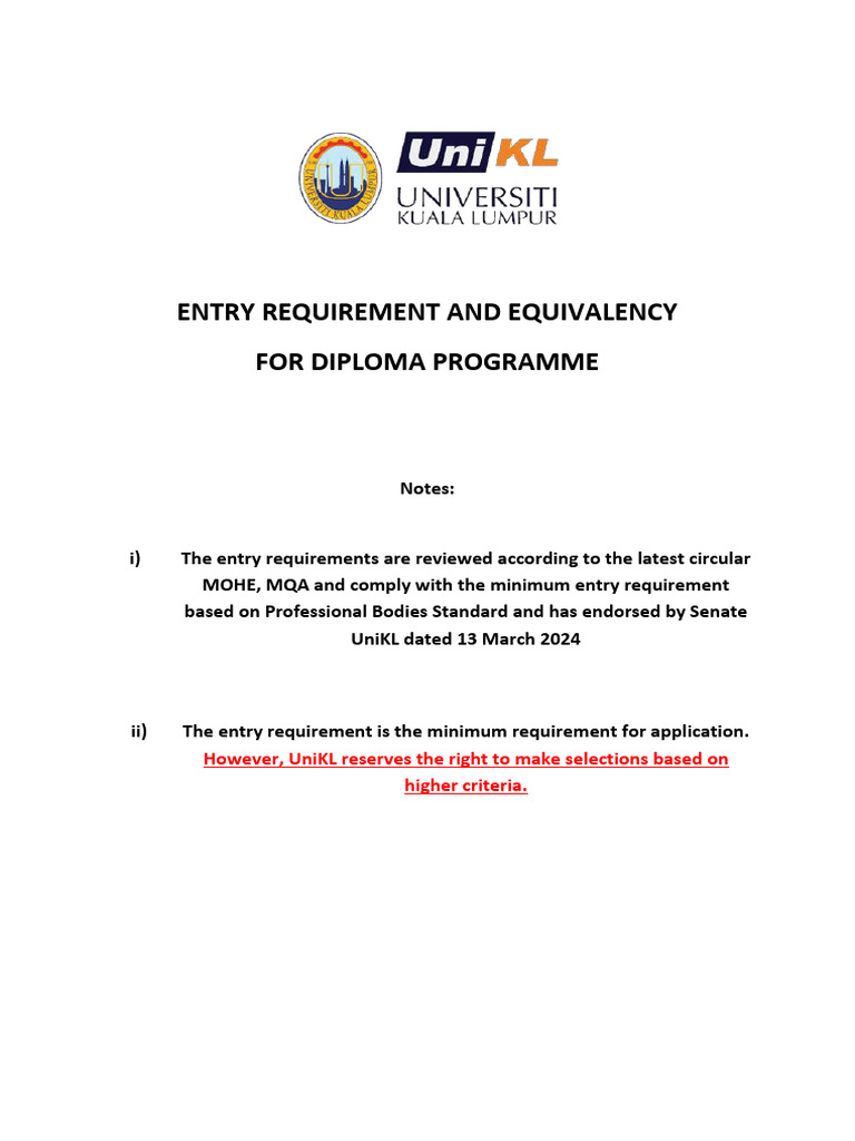 UniKL Diploma Entry Requirements | PDF | Diploma | Career And Technical ...