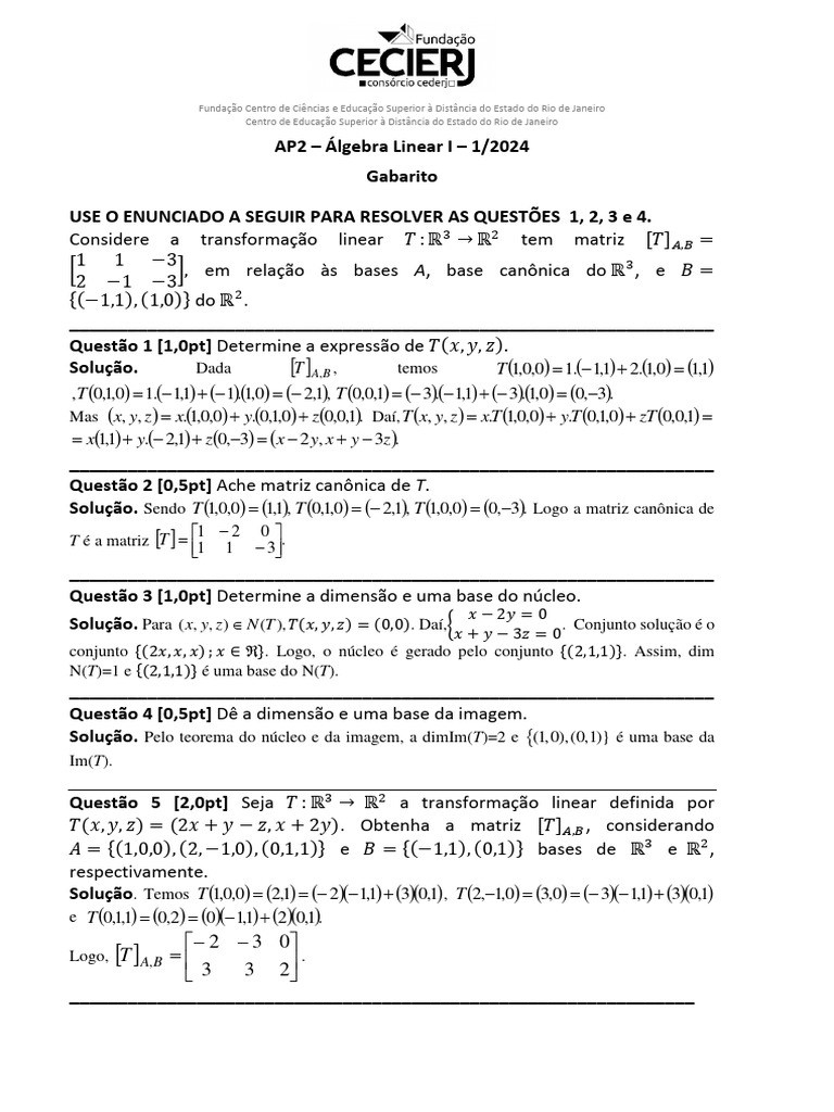 AP2 ALI 2024 1 Gabarito | PDF | Álgebra abstrata | Relações matemáticas