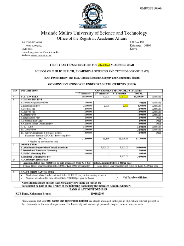 Kuccps Clinical Medicine Physiotherapy Fee Structure 2022-2023 | Download Free PDF | Fee | Banks