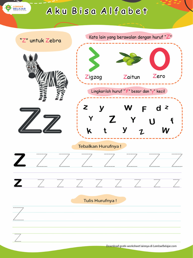 Worksheet Menulis Huruf Z Lembar Belajar | PDF
