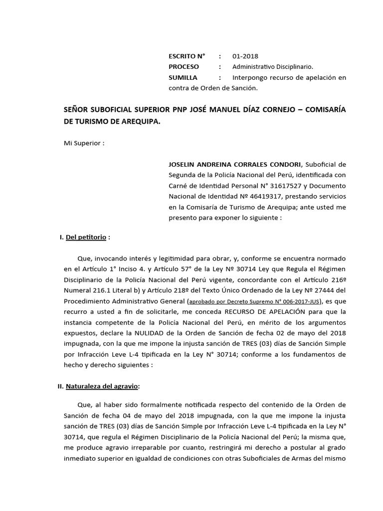Apelación Corrales Condori L-4 Ley 30714 | PDF | Policía | Disciplinas