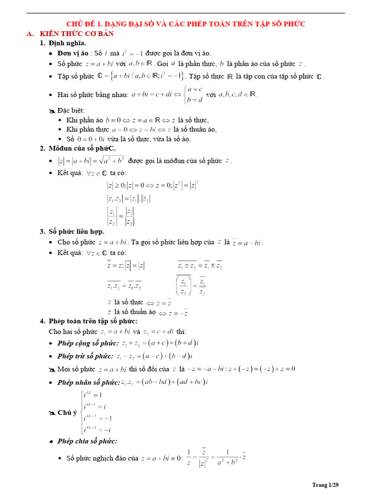 Tom Tat Ly Thuyet Va Bai Tap Trac Nghiem Dang Dai So Va Cac Phep Toan Tren Tap So Phuc | PDF