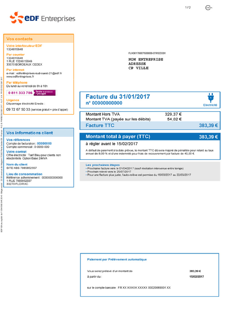 Facture Pro Edf Tarif Bleu 1 | PDF
