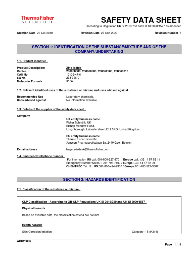 Zinc Iodide, 98+ - MSDS | PDF | Toxicity | Personal Protective Equipment