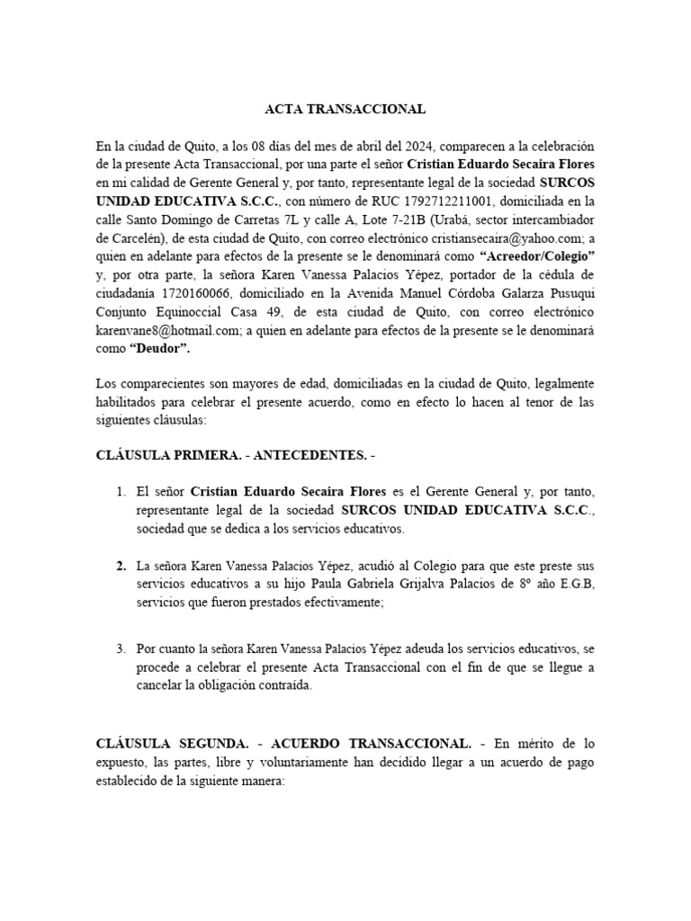 Acta Transaccional Paula Grijalva | PDF | Derecho