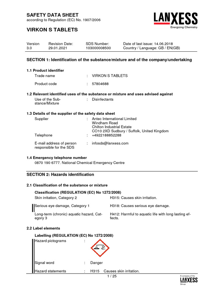 Virkon S Disinfectant Tablets - MSDS | PDF | Toxicity | Occupational Safety And Health