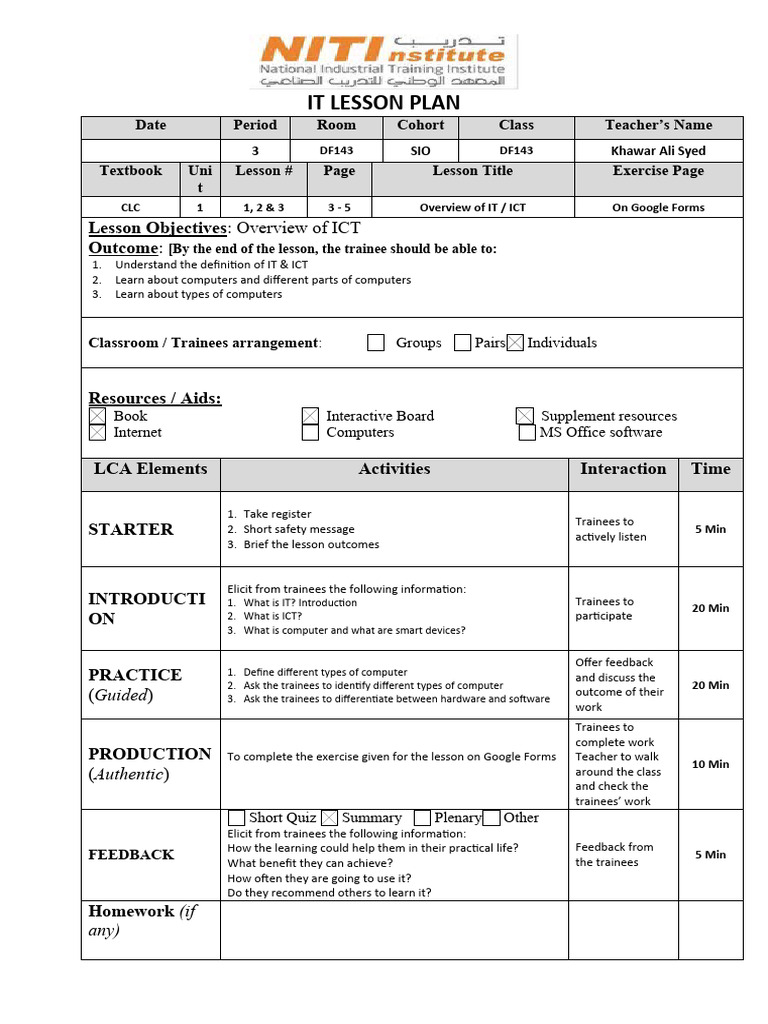 CLC Lesson Plan - Unit 1 - Ict - Lesson 1, 2 & 3 | PDF | Educational ...