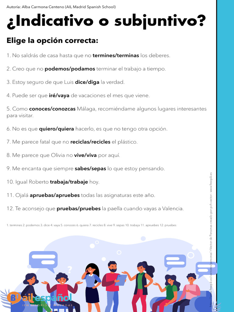 Quiz Ejercicio Contraste Indicativo Subjuntivo Espanol | PDF