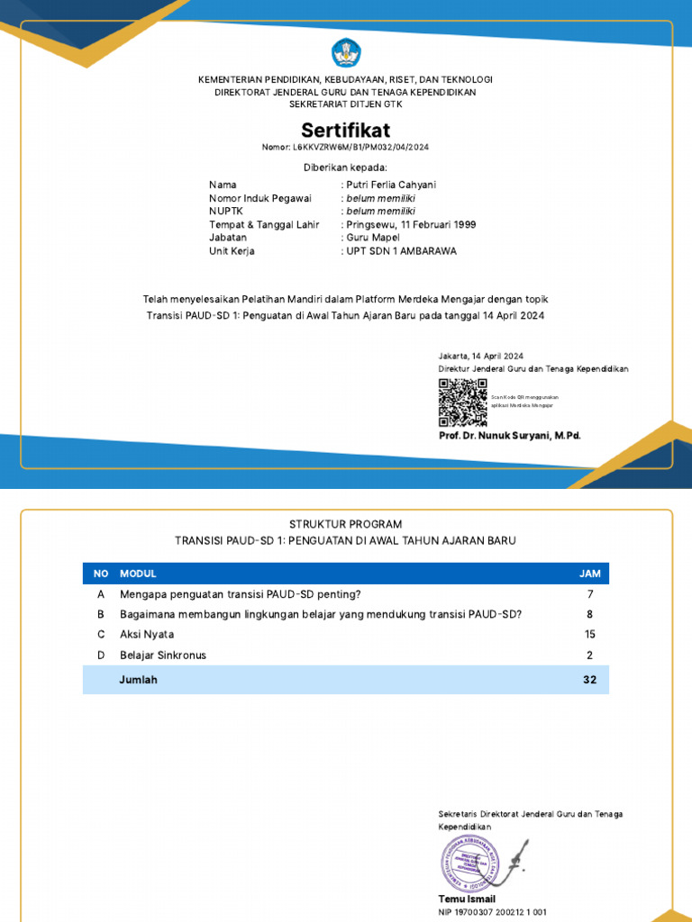 Sertifikat PMM - Putri - Transisi Paud | PDF