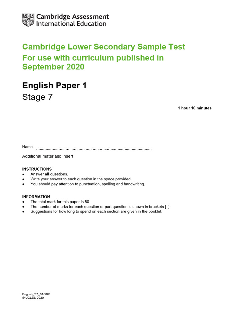 English Stage 7 Sample Paper 1 - tcm143-595358 | PDF