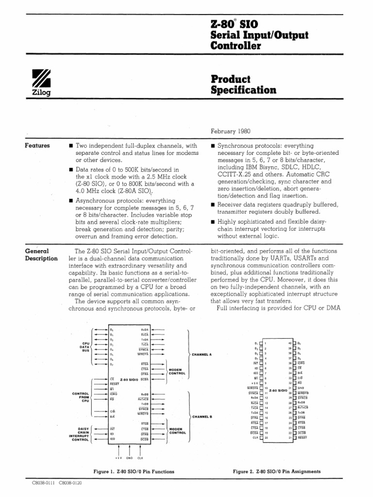 Z80 SIO Product Specification Feb80 | PDF | Input/Output | Central Processing Unit