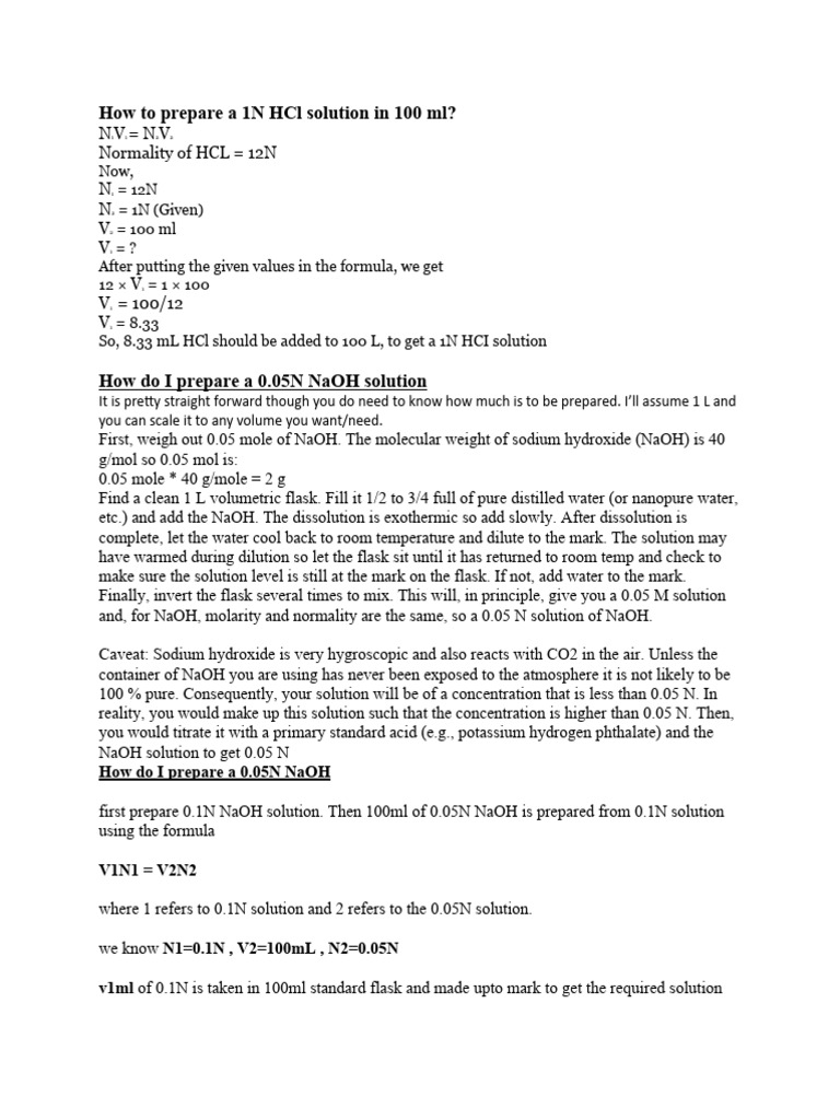 How To Prepare A 1N HCL Solution in 100 ML | PDF