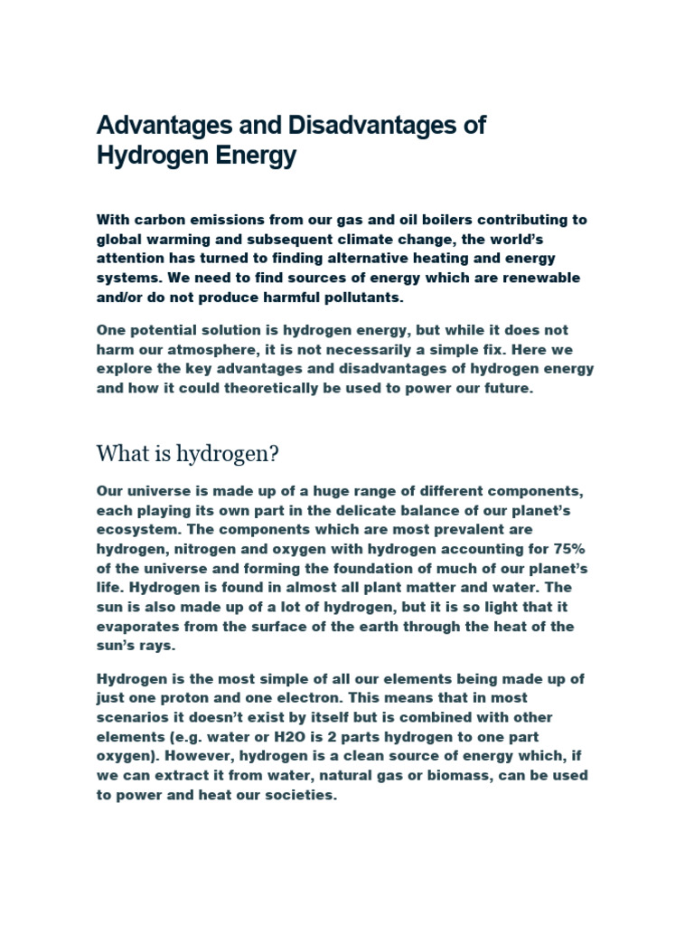 Advantages and Disadvantages of Hydrogen Energy | Download Free PDF ...