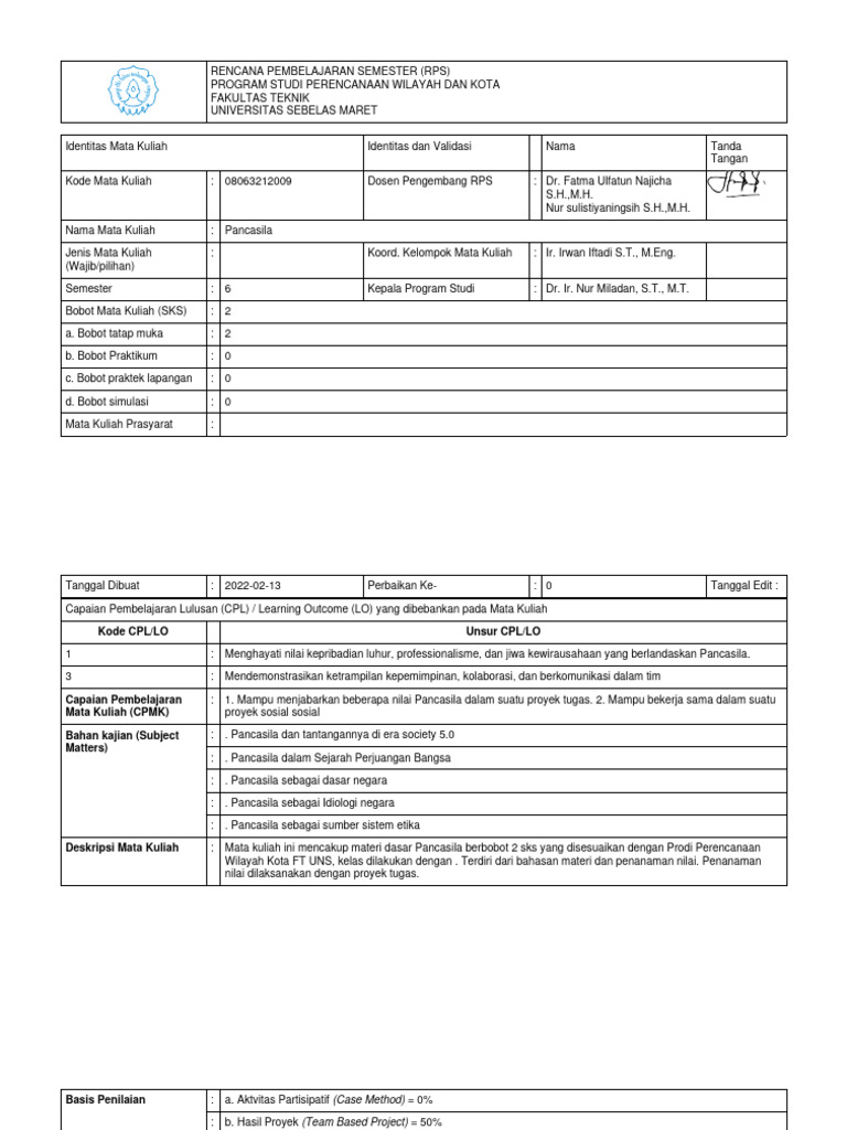 RPS Pancasila - S1 PWK-1 | PDF