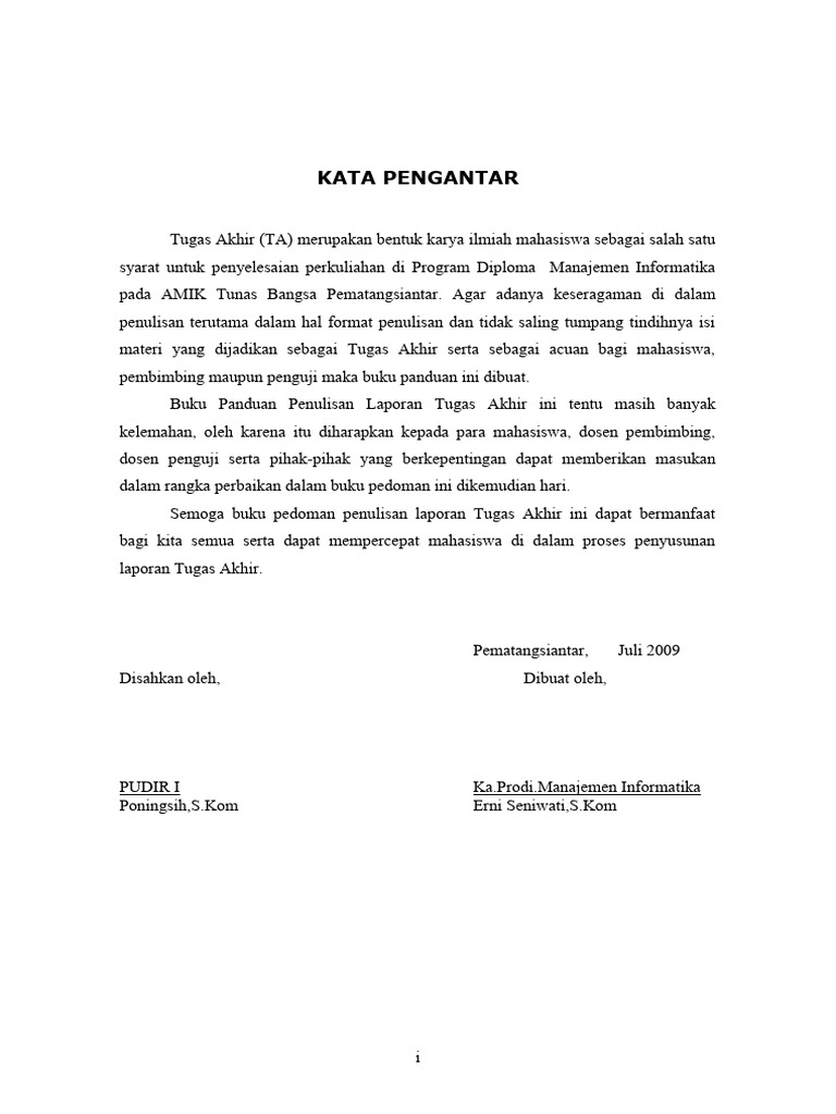 Kata Pengantar Buku Panduan Penulisan Laporan Tugas Akhir 2009 Pdf
