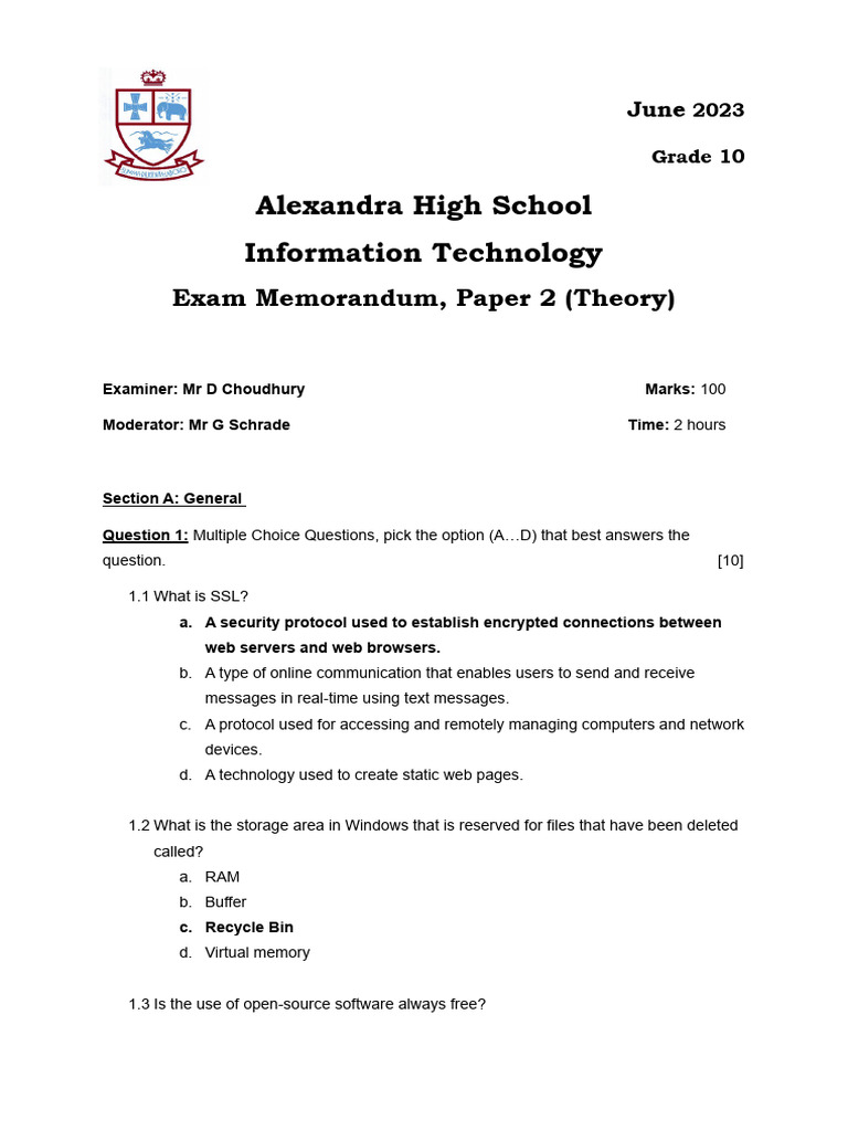 Grade 10, Information Technology, Paper 2, Theory, June Exam 2023, Memorandum | PDF | World Wide ...