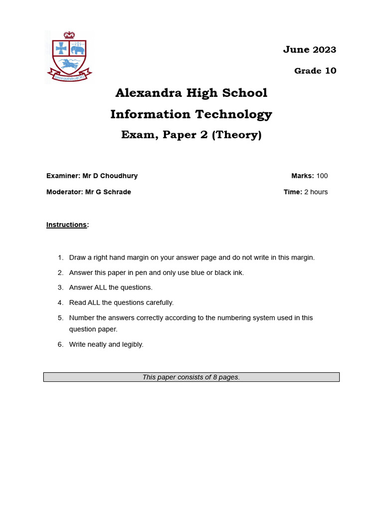 Grade 10, Information Technology, Paper 2, Theory, June Exam 2023 | PDF ...