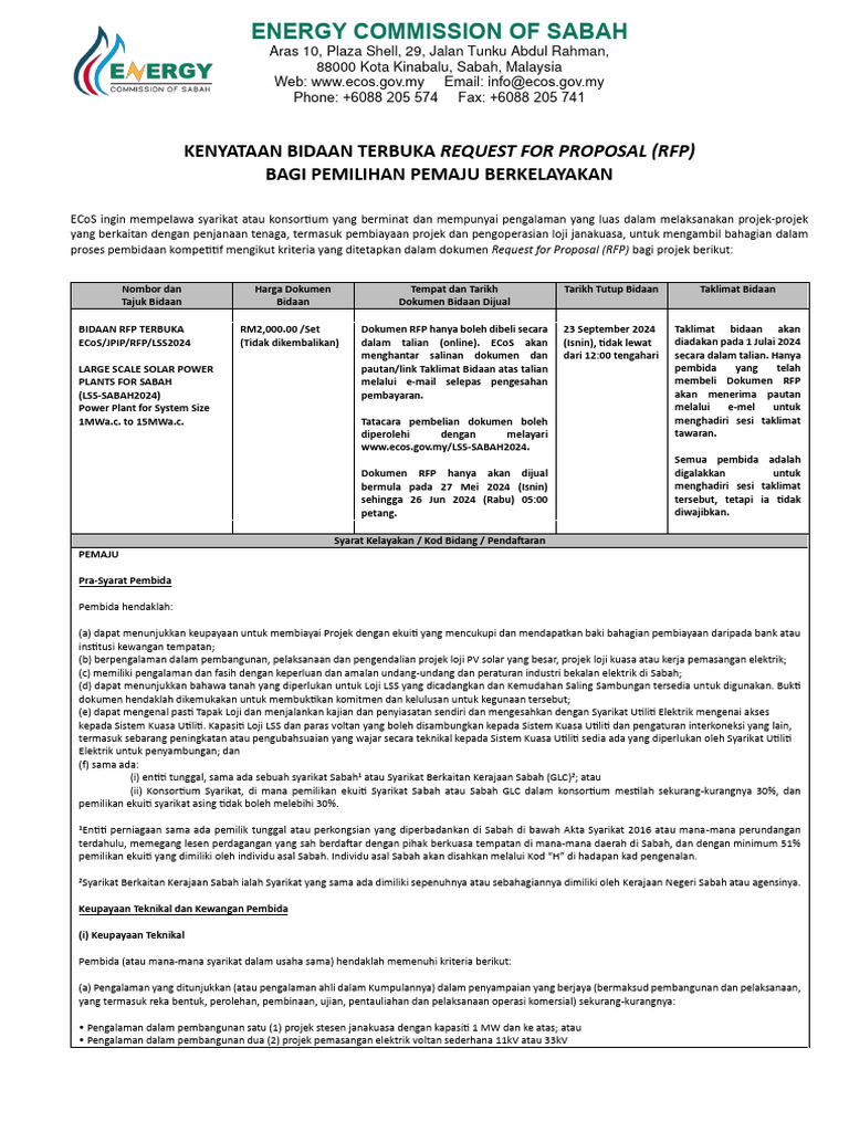 Kenyataan Tender Terbuka RFP ECoS (Rev.2) 26.05.2024 - BM | PDF