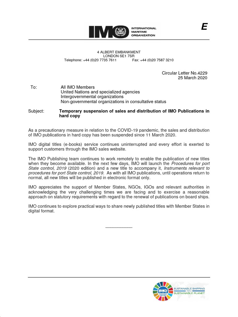 Imo Circular No 4229 - Temporary Suspension of Sales and Distribution of Imo Publications in ...