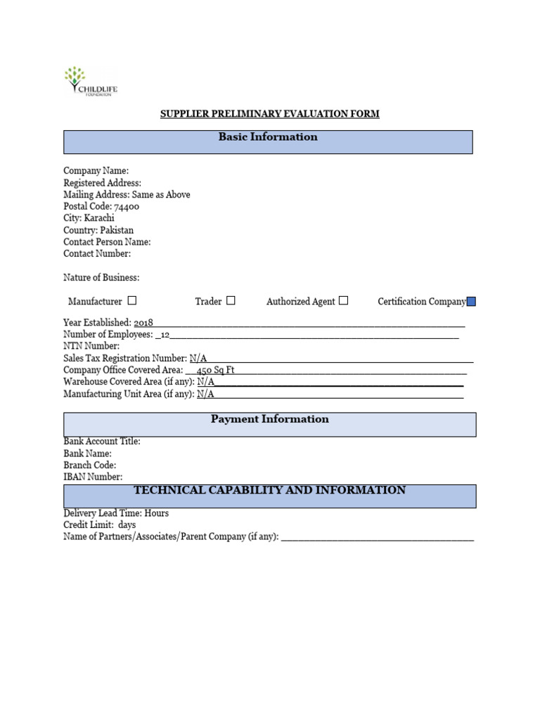Supplier Preliminary Evaluation Form | Download Free PDF | Business