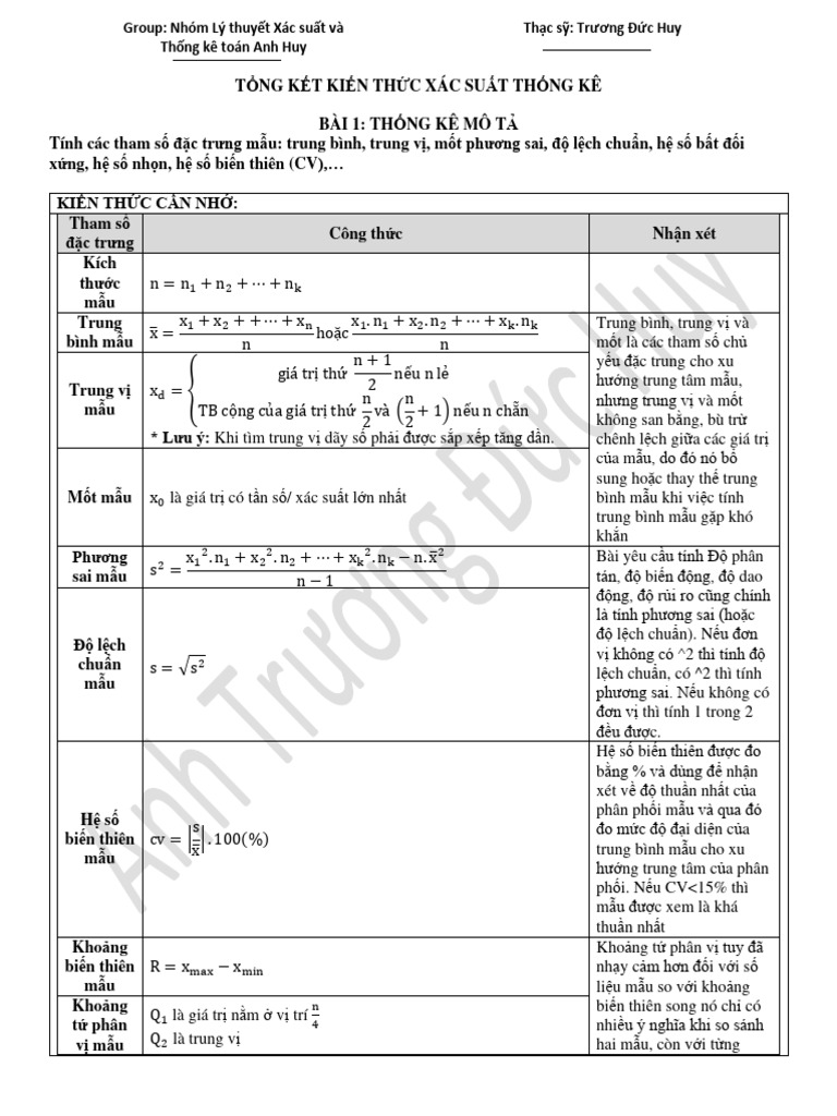 Tổng Kết Kiến Thức XSTK | PDF