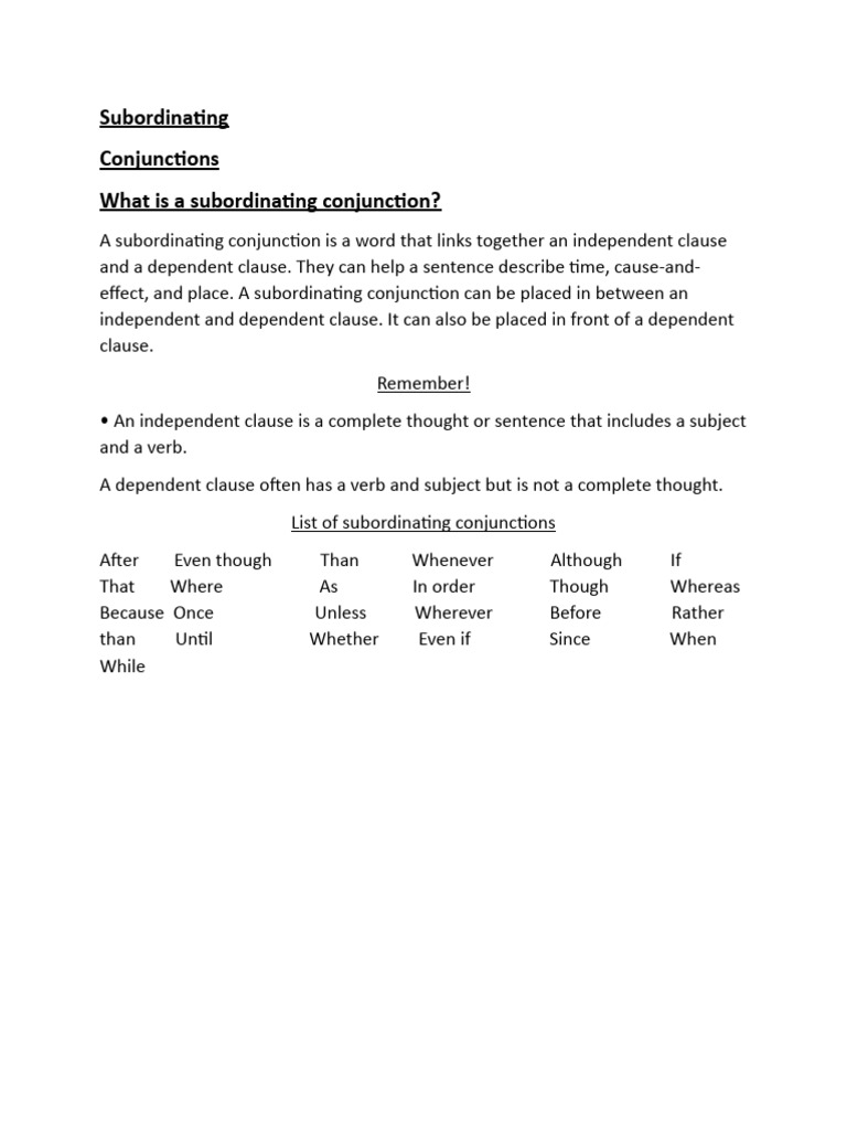 Subordinate Conjunctions | PDF | Language Arts & Discipline | Self ...