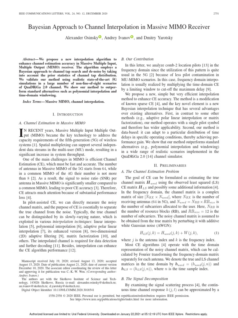 2020 Bayesian To Channel Interpolation | PDF | Mimo | Matrix (Mathematics)