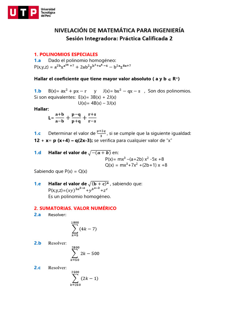 Nivelación de Matemática para Ingeniería PC2 - Qrcqbe | PDF | Conceptos matemáticos | Aritmética