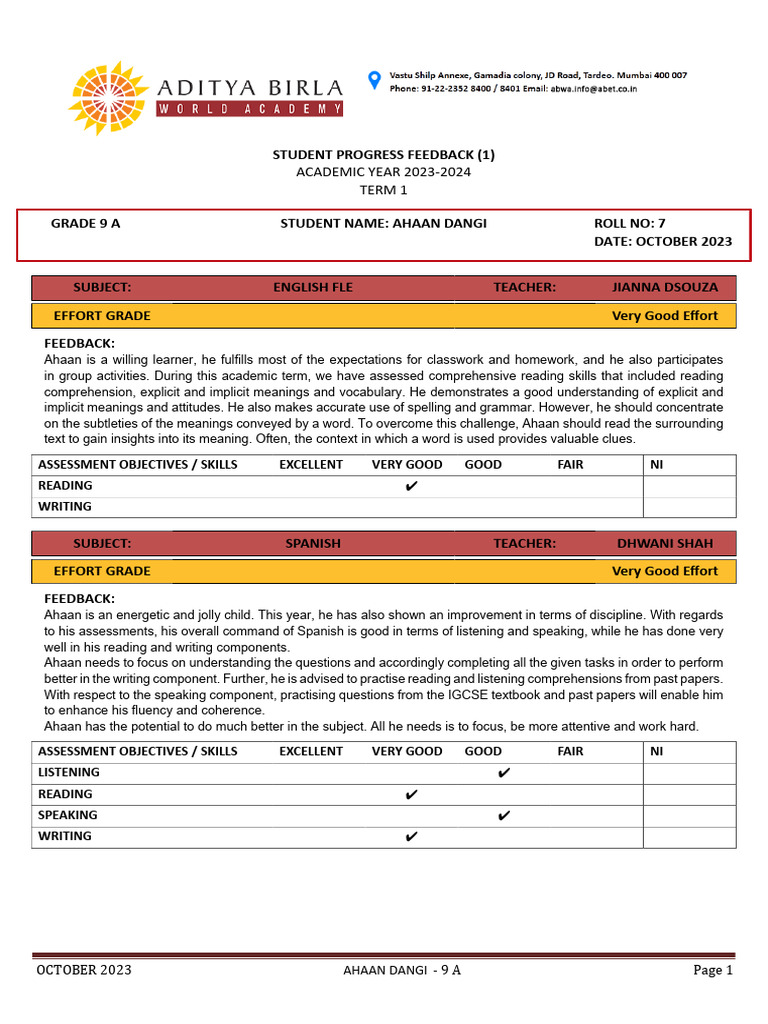 Student Progress Feedback Report - 1 - AY 2023-2024 - Ahaan Dangi - IX ...