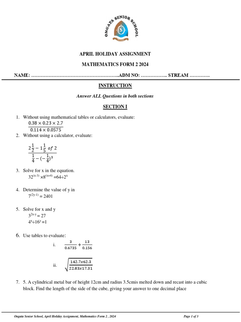 Form 2 Mathematics Assignment 2024 | PDF | Area | Cartesian Coordinate ...