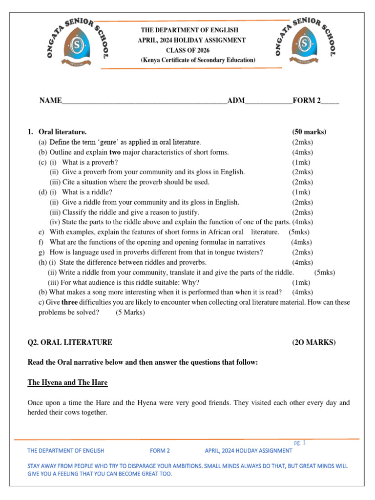 Literature and Grammar Revision Assignments - Form 2 - English | PDF | Proverb | Riddle