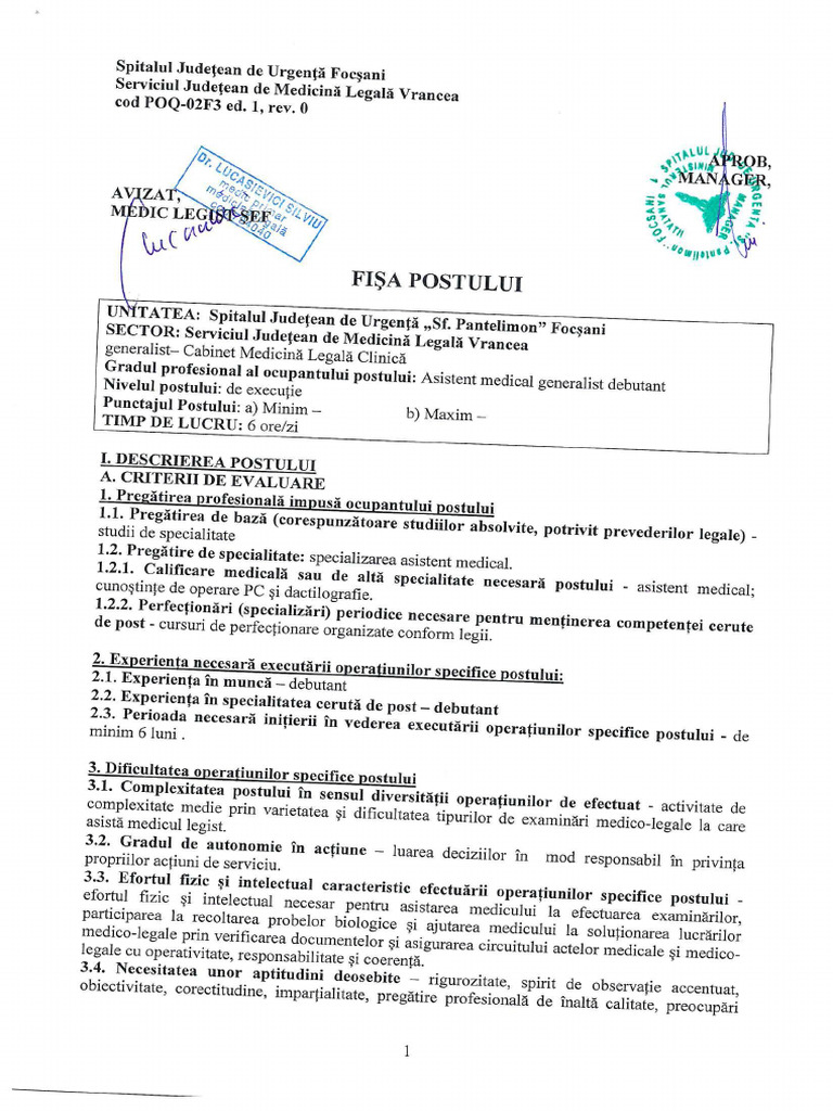 Anunt 045 Fisa Post Asistent Medical Profil Medicina Legala | PDF