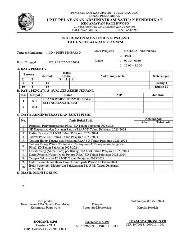Instrumen Monev Saj - SD | PDF
