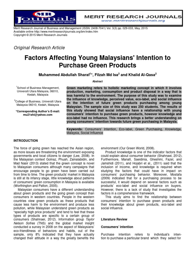 Factors Affecting Young Malaysians' Intention To Purchase Green Products | PDF | Behavior ...