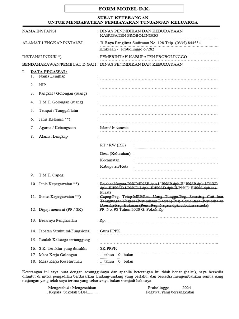 Contoh Model DK Tunjangan Keluarga | PDF