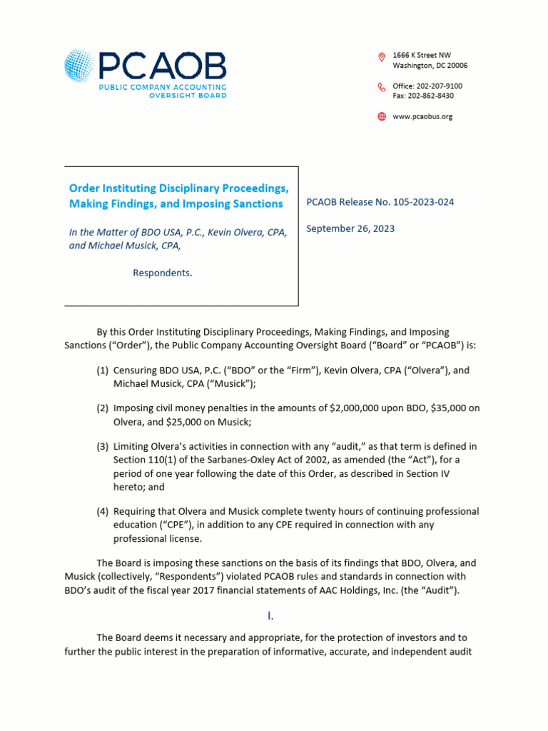 Sanksi PCAOB KAP BDO Amerika USA, P.C. Tahun 2023 | PDF | Audit ...